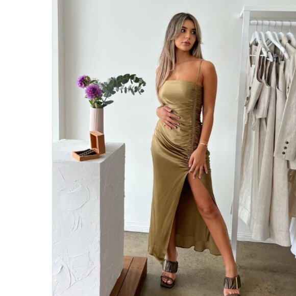 Shona Joy | Dresses | Shona Joy Thalia Bias Ruched Maxi Dress In Cumin ...